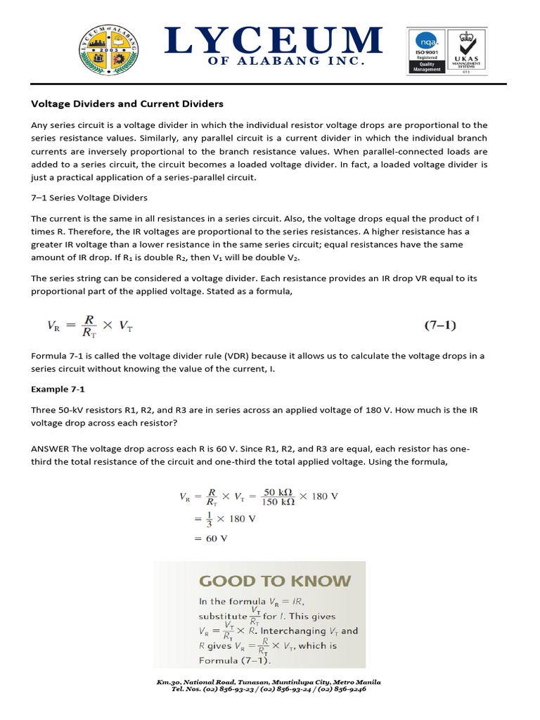 Voltage and Current Dividers Explained | PDF | Series And Parallel ...