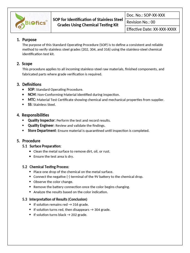 Stainless Steel Grade Identification SOP | PDF | Stainless Steel