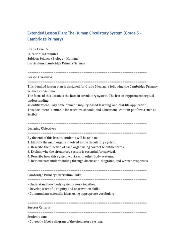 Grade 5 Lesson Plan: Human Circulatory System | PDF | Vocabulary ...