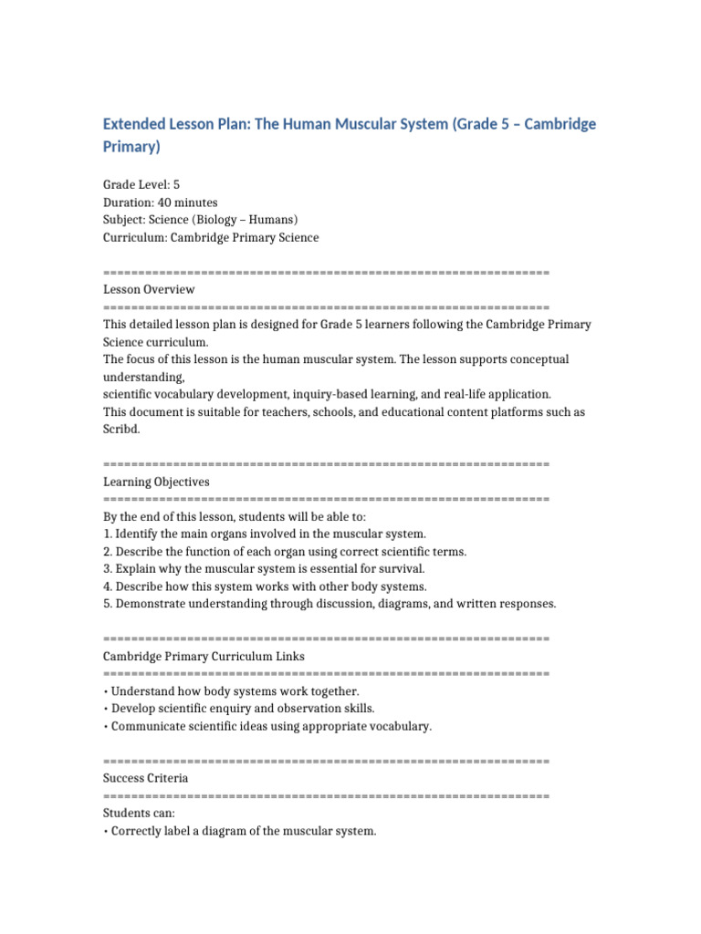 Grade 5 Lesson Plan: Human Muscular System | PDF | Curriculum | Vocabulary