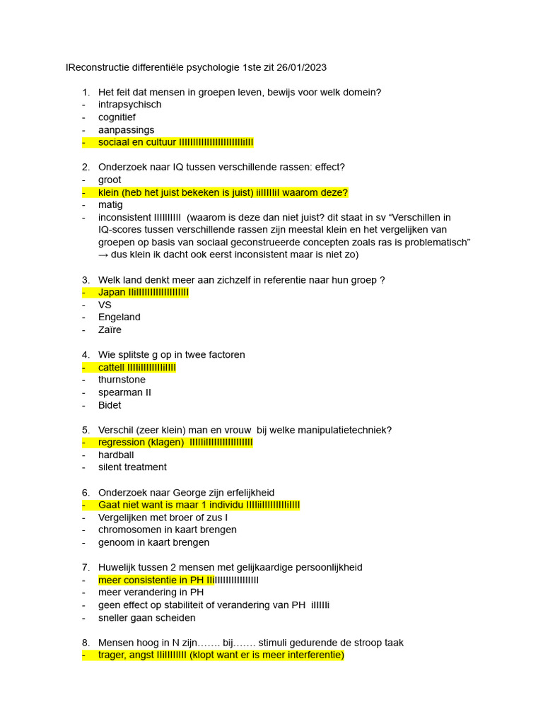 Reconstructie Differentiele Psychologie 1ste Zit 26-01-2023 | PDF