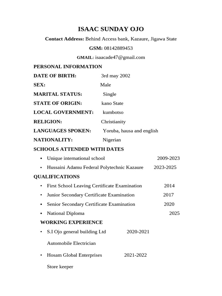 Isaac Sunday Ojo - CV and Profile Summary | PDF
