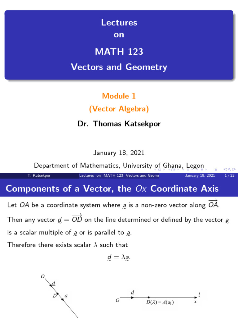 MATH 123: Vectors and Geometry Lectures | PDF | Euclidean Vector ...