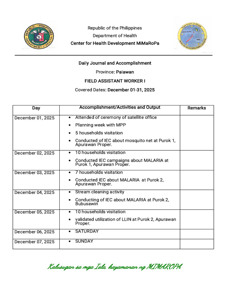 Doh Accomplishment Report Carlina Cutay | PDF | Malaria | Health Economics
