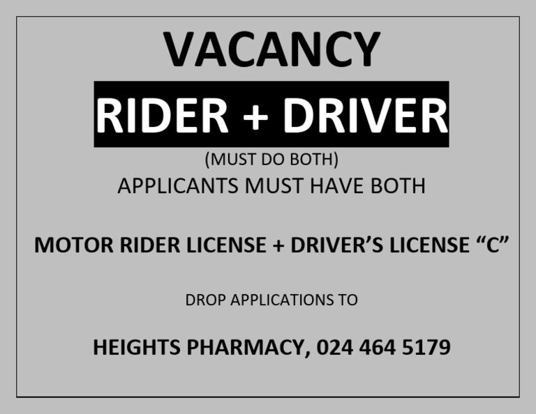 Rider and Driver Job Vacancy at Heights Pharmacy | PDF