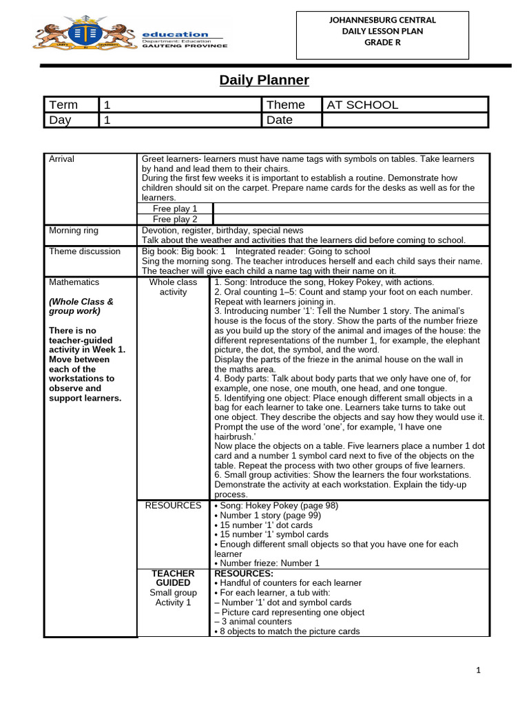 Grade R Daily Lesson Plan: At School | PDF | Lesson Plan