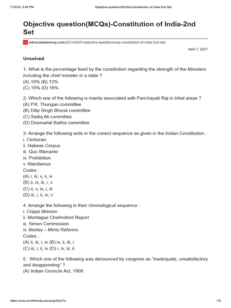 Objective Question (MCQS) - Constitution of India-2nd Set | PDF ...