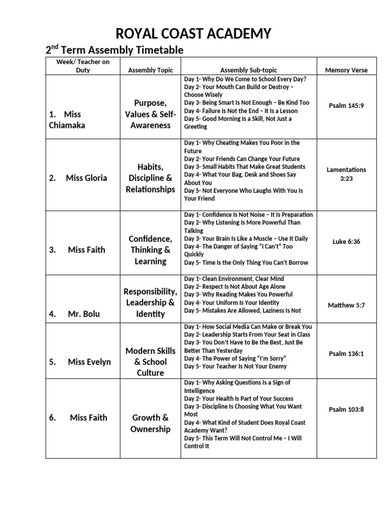 2nd Term Assembly Roaster 2026 | PDF