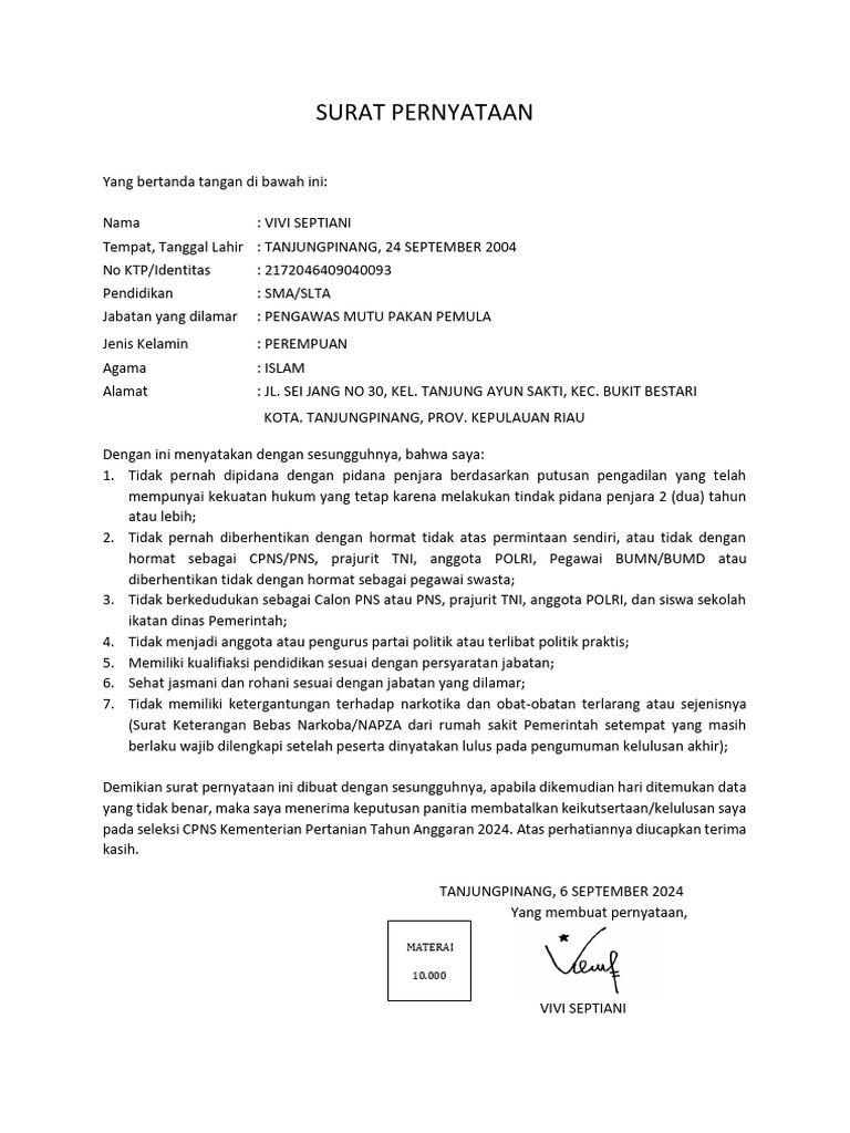 Surat Pernyataan Vivi Septiani 2024 | PDF