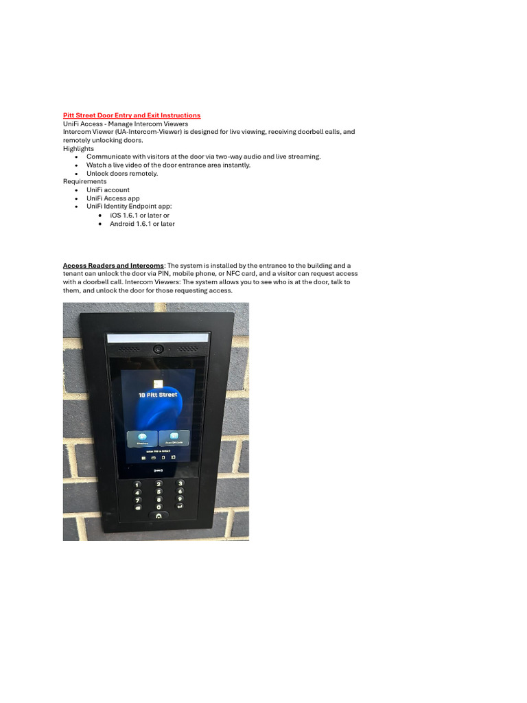 Pitt Street Door Entry and Exit Instructions (Unifi System) Tenants ...