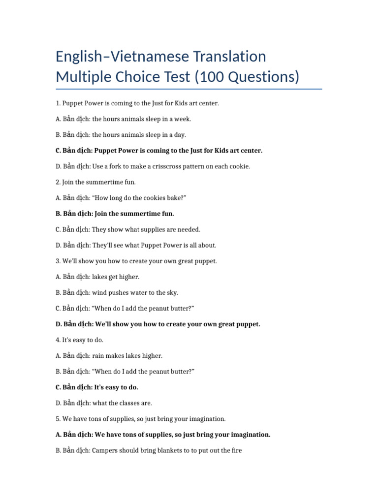 English Vietnamese Translation 100 Questions | PDF