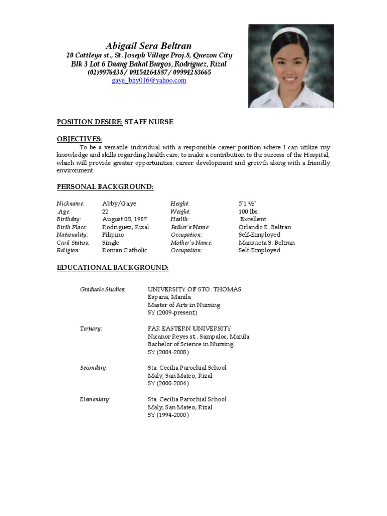 CV (Staff Nurse) | PDF | Manila | Nursing