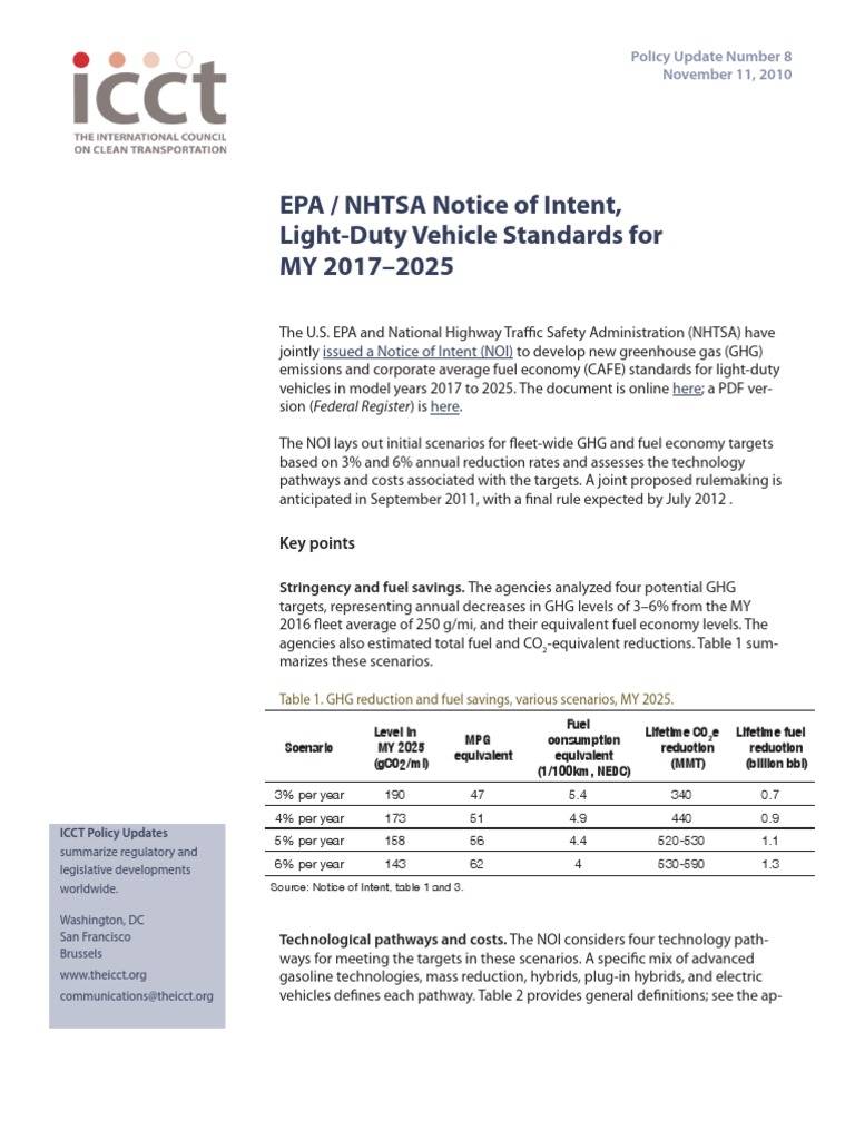 EPA / NHTSA Notice of Intent, Light-Duty Vehicle Standards For MY 2017 ...