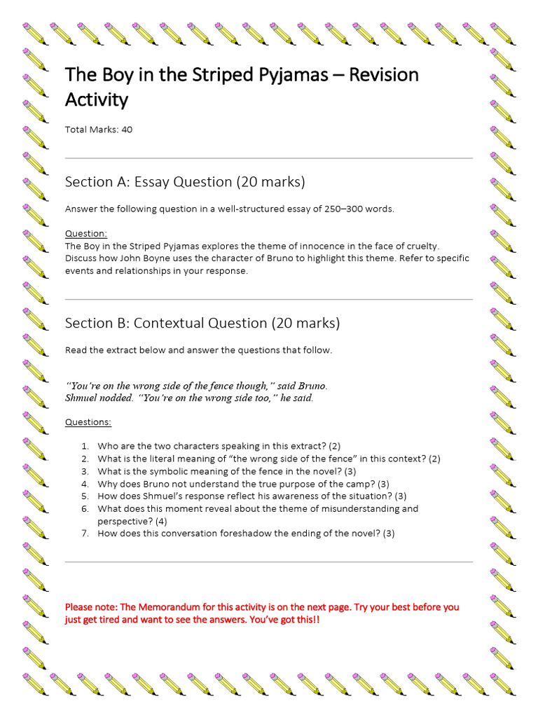 The Boy in The Striped Pyjamas Revision Activity | PDF