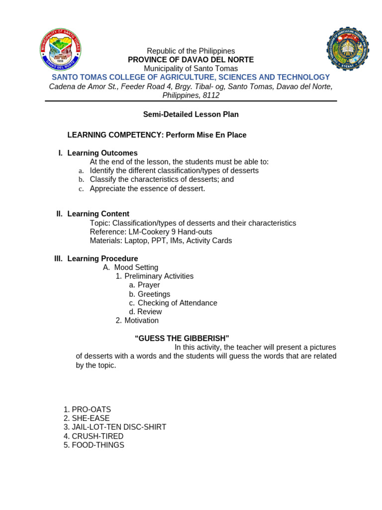 Lesson Plan: Dessert Classification | PDF | Pudding | Desserts