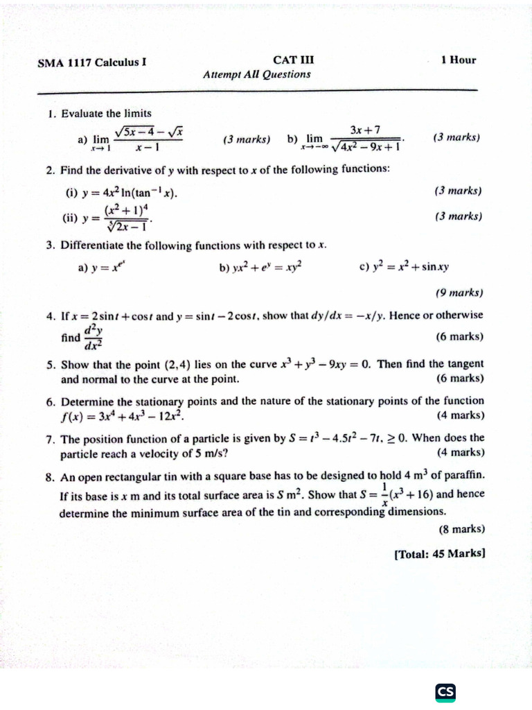 Calculus 1 Revision Questions | PDF