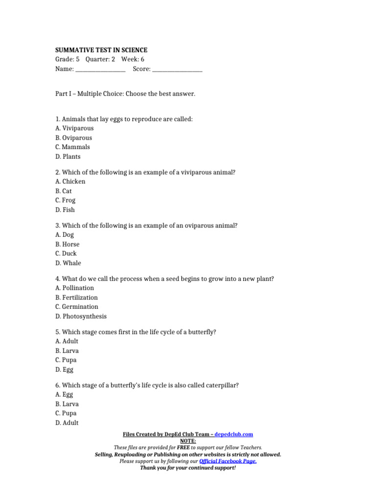 Grade 5 Science Summative Test | PDF | Flowers | Fertilisation