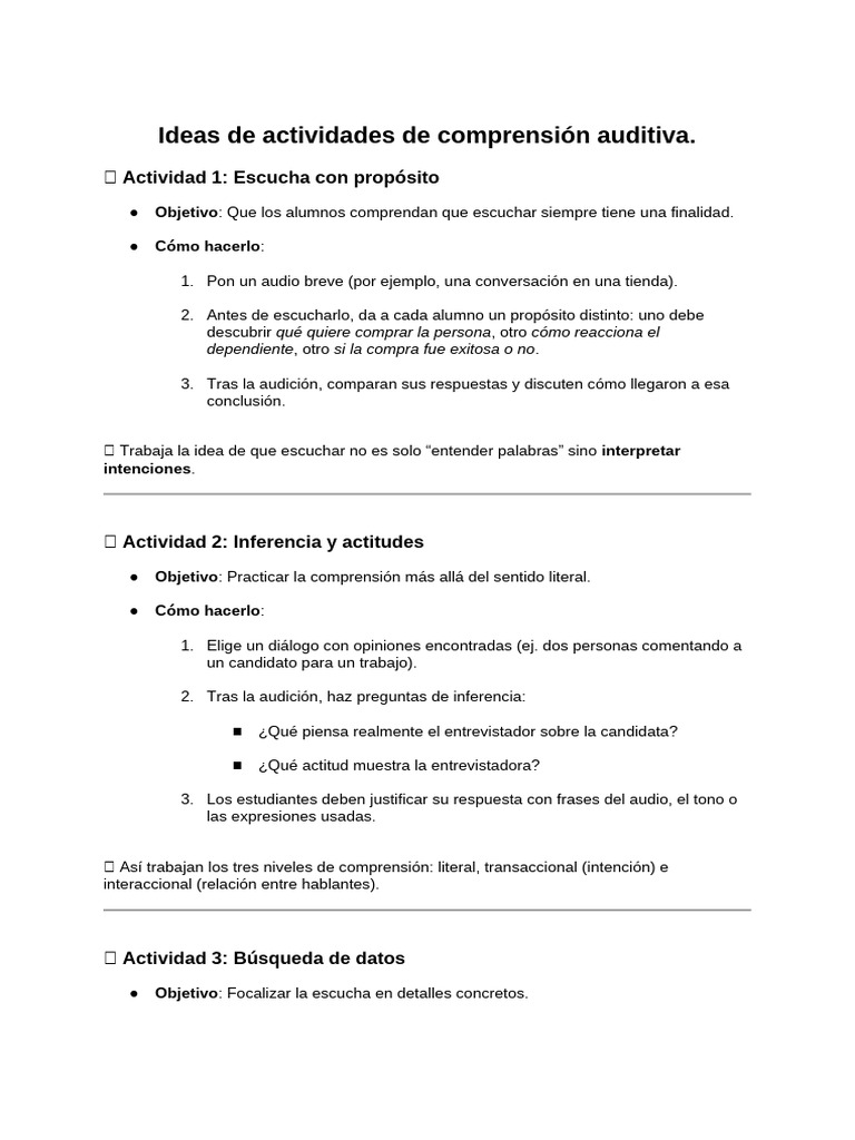 Ideas de Actividades de Comprensión Auditiva | PDF | Cognición ...