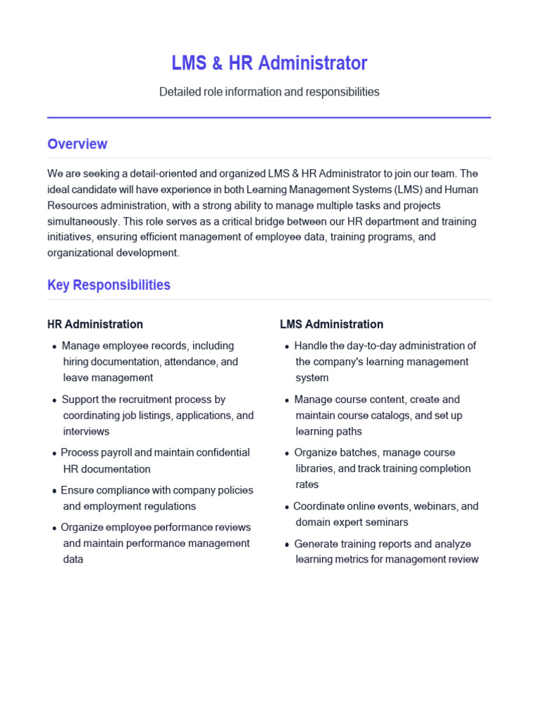LMS & HR Administrator - Job Description | PDF | Business