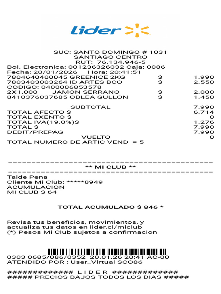 Boleta de Compra en Lider - Santo Domingo | PDF
