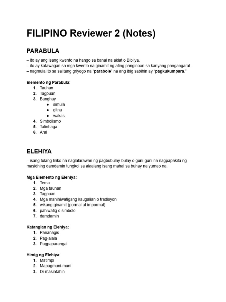 FILIPINO Reviewer 2 (Notes) | PDF