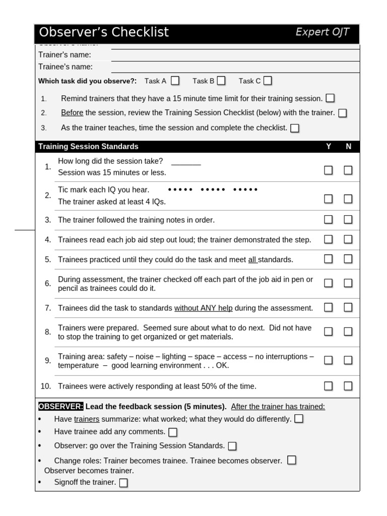 Observer's Checklist for Training Sessions | PDF