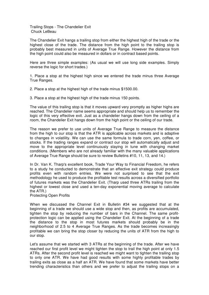 Chuck LeBeau Trailing Stops Chandelier Strategy PDF Volatility Finance Profit Accounting