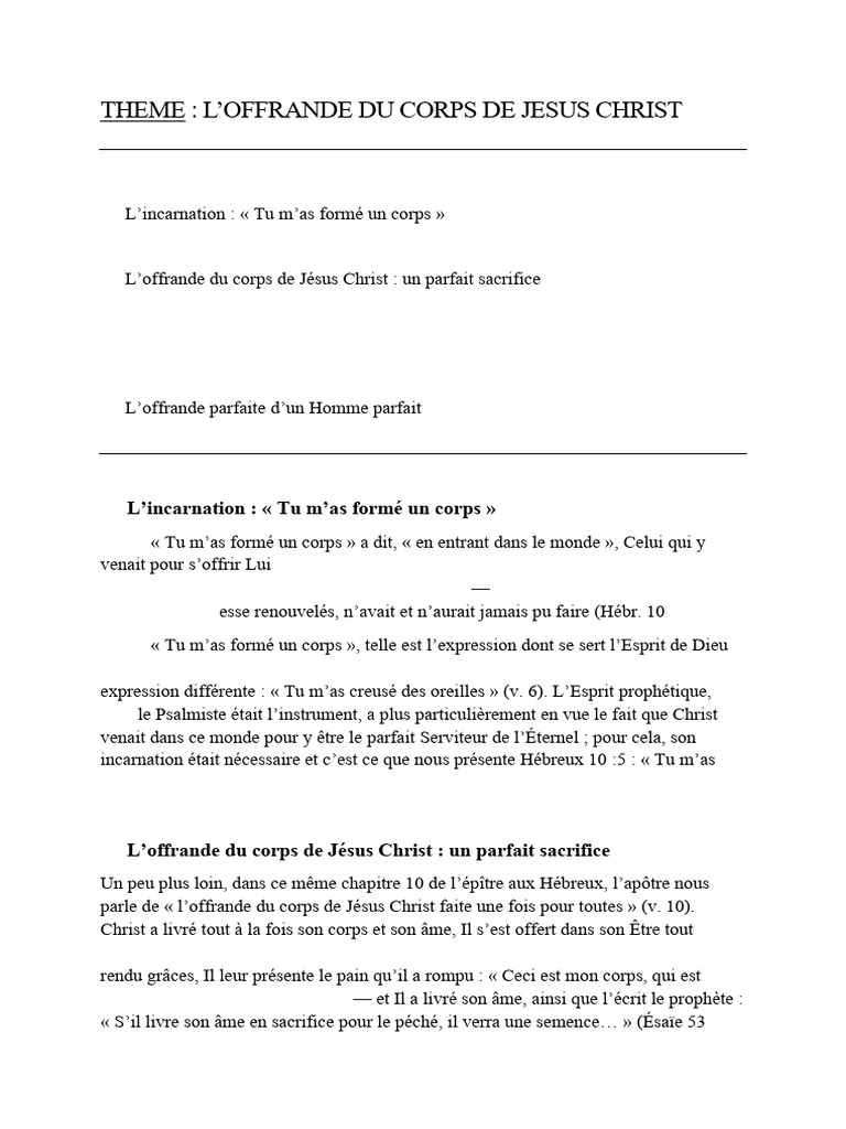 Offrande du corps de Jésus Christ | PDF | Korban | Épître aux Hébreux