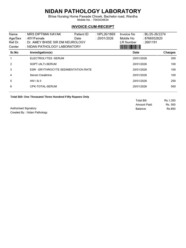 Nidan Pathology Laboratory Invoice | PDF