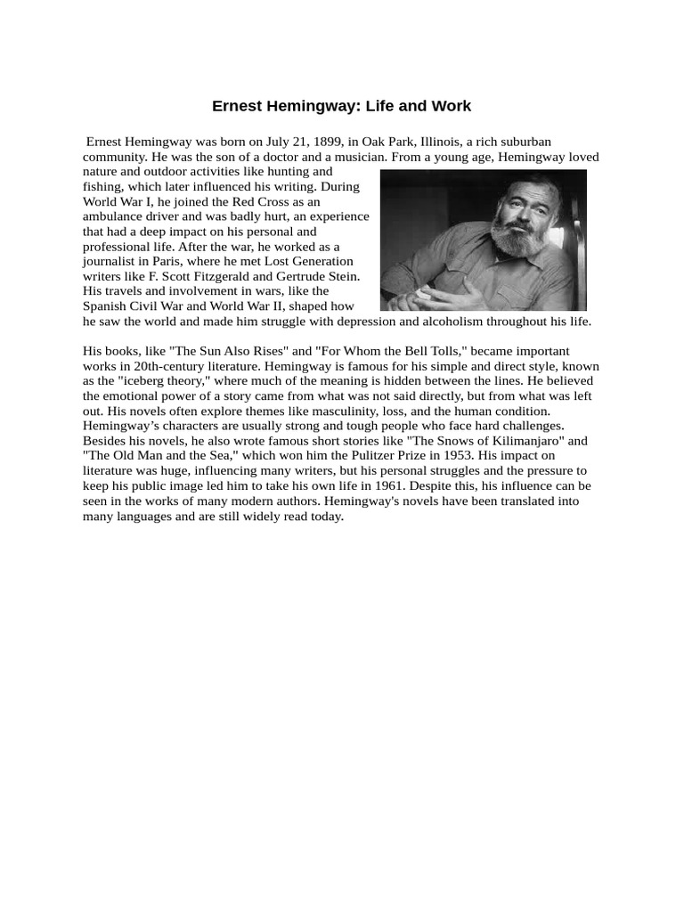 Ernest Hemingway: Life, Influence, Legacy | PDF