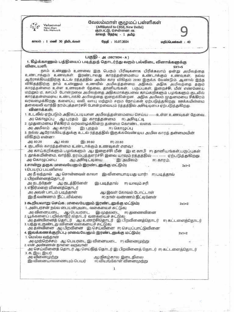 Class 9 Pt-1 Tamil Exam Question Paper | PDF