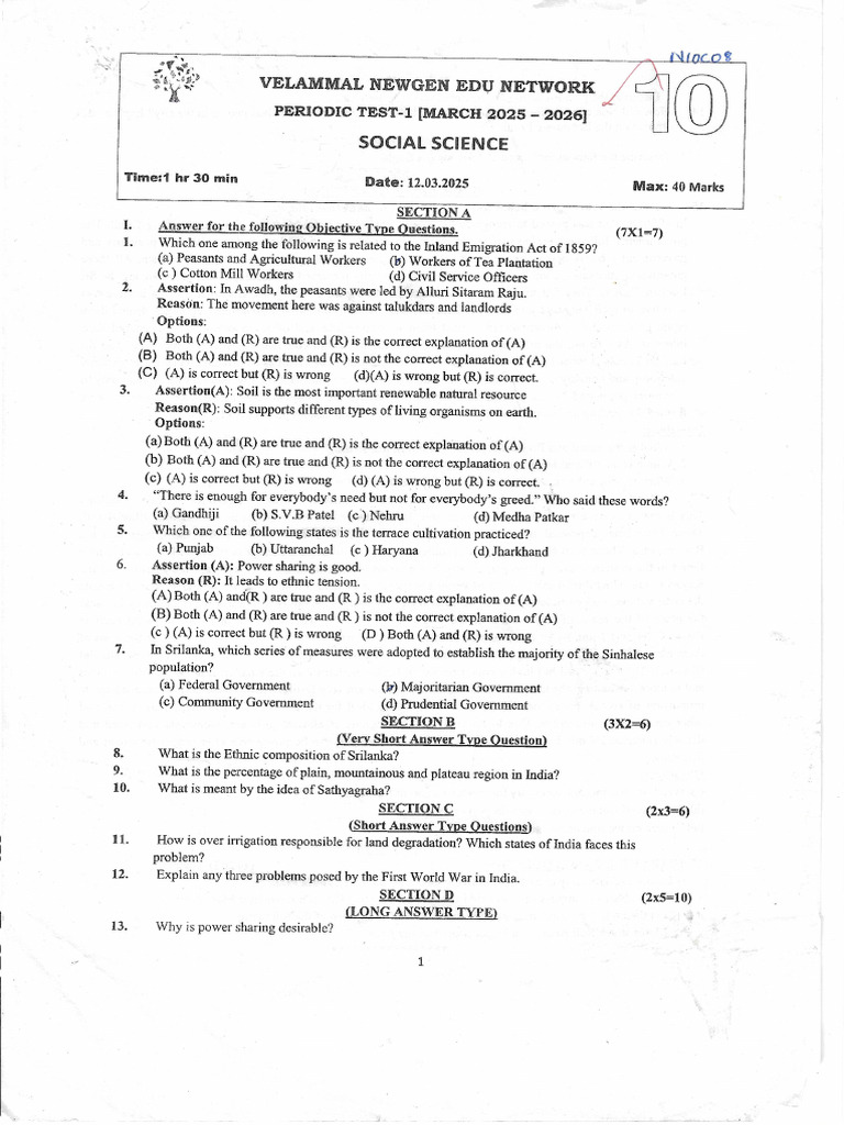 Class x Social Science Question Paper Pt-1 | PDF