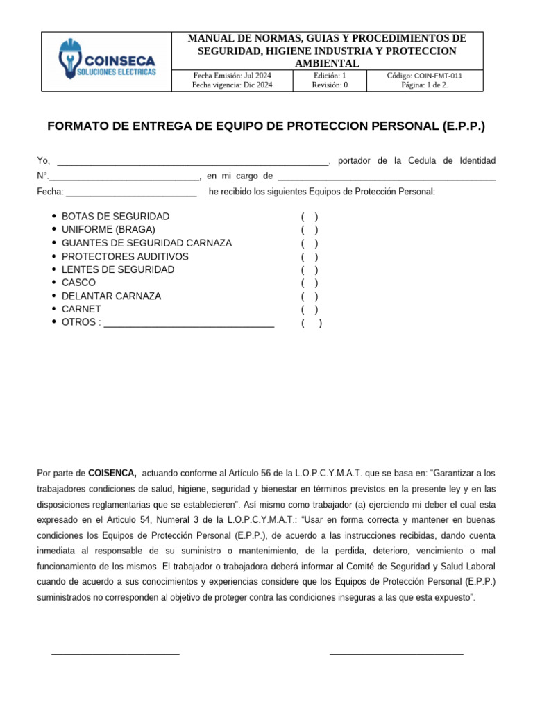 Coin-Fmt-011 Entrega de Epp | PDF