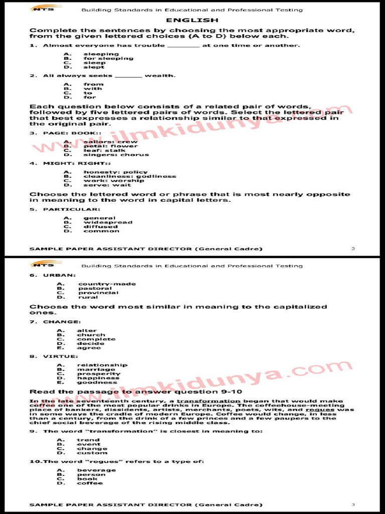 NTS Sample Past Papers LDA Assistant Director General Cadre English | PDF