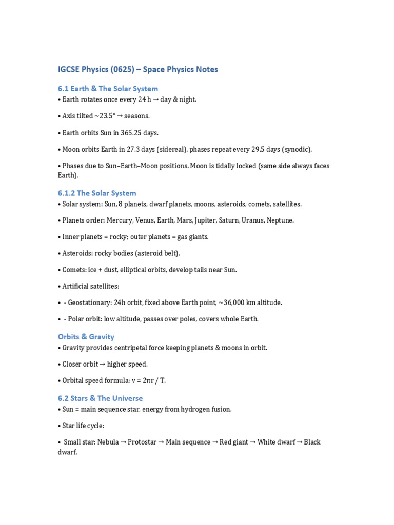 IGCSE Physics 0625 Space Physics Notes | PDF