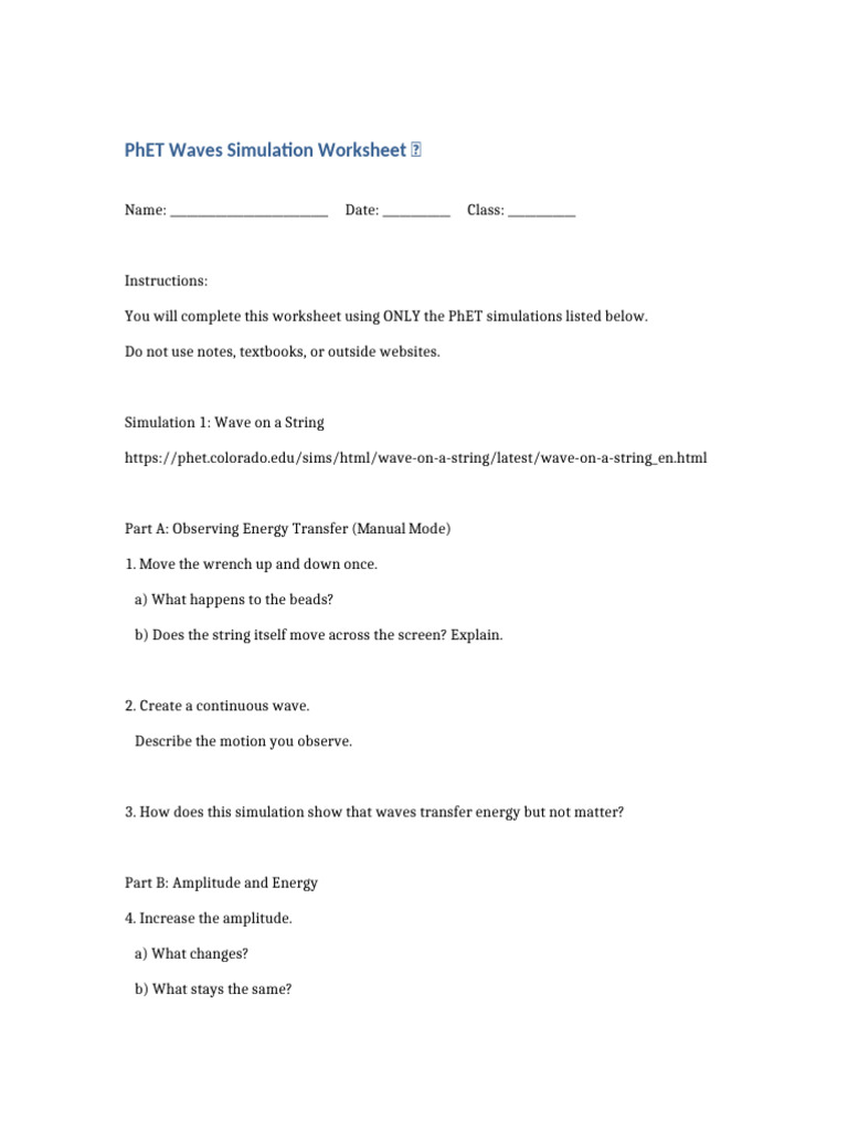 PhET Waves Worksheet | PDF