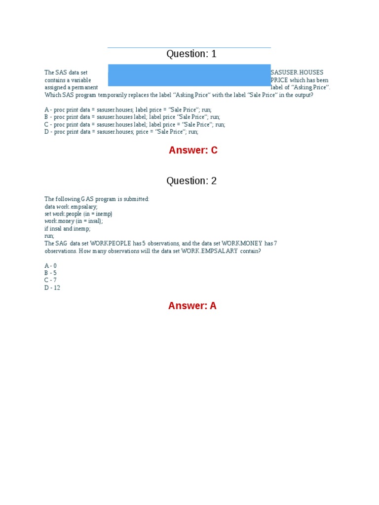 SAS Base Programming For SAS 9 Exam - More Samples Q&A | PDF | Sas ...