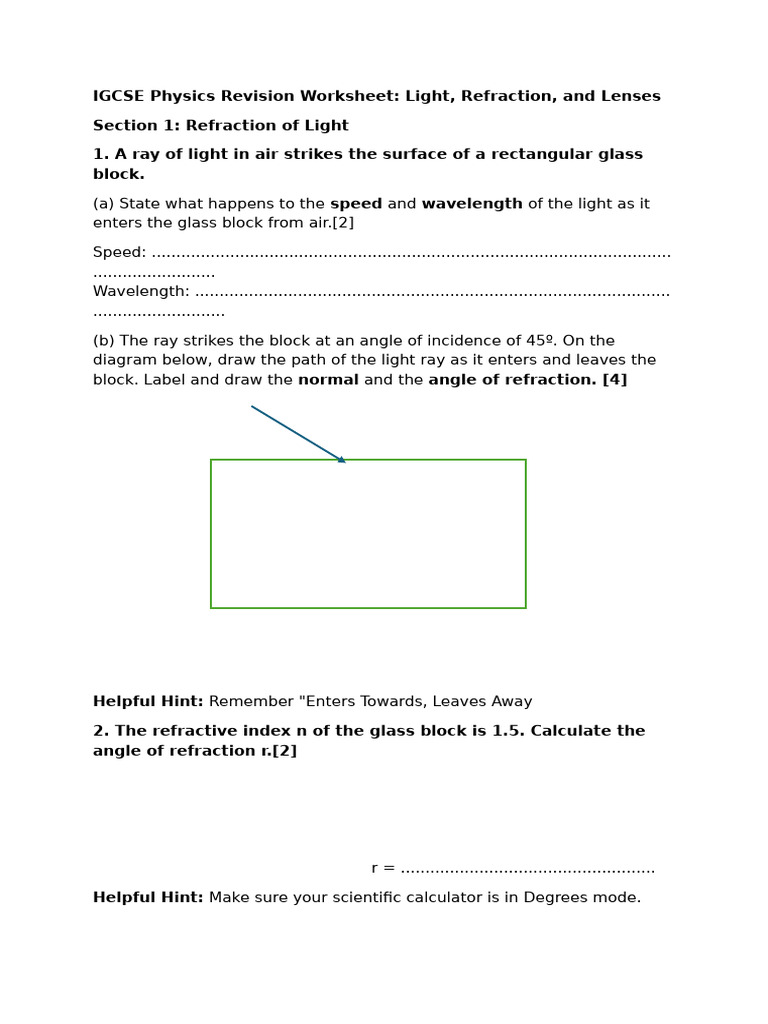 Light and Lenses Revision Worksheet | PDF | Refraction | Light