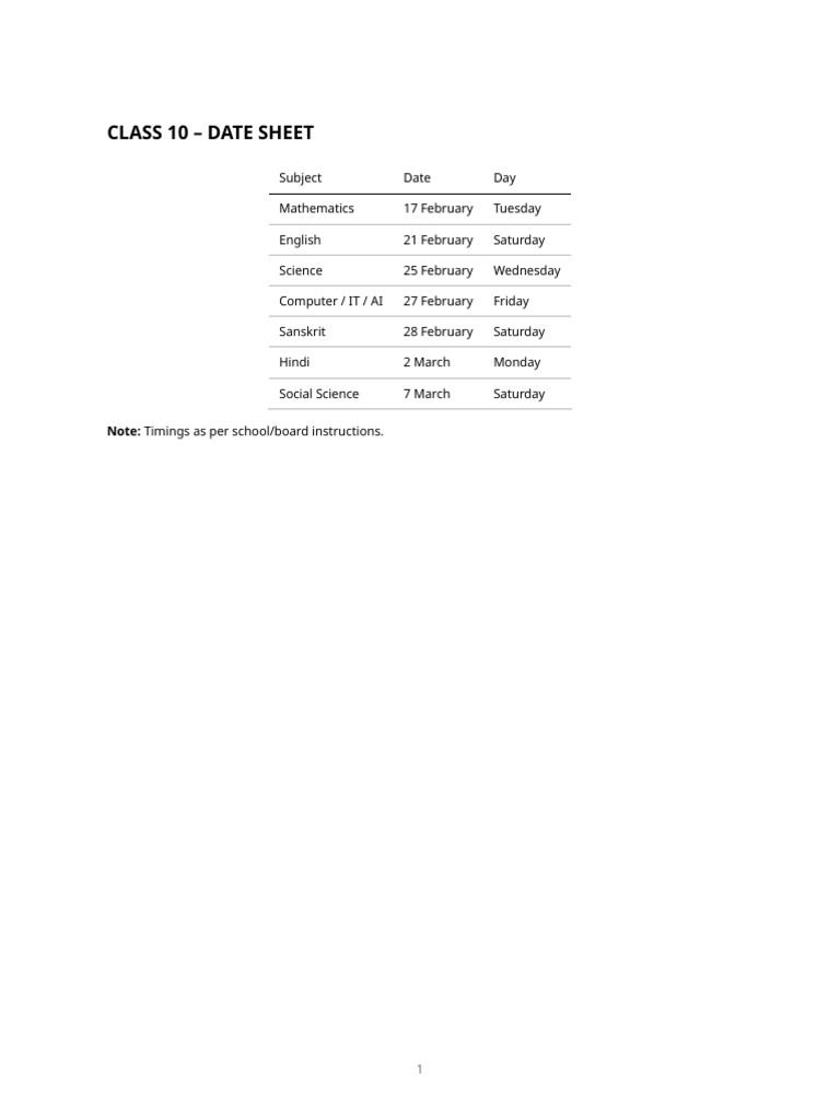 Class 10 Date Sheet | PDF
