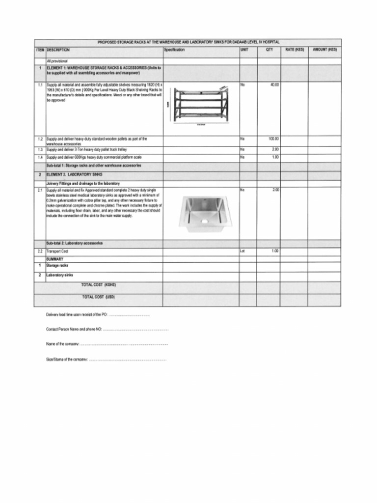 Annex a Financial Offer Form Storage Racks and Lab Sinks | PDF