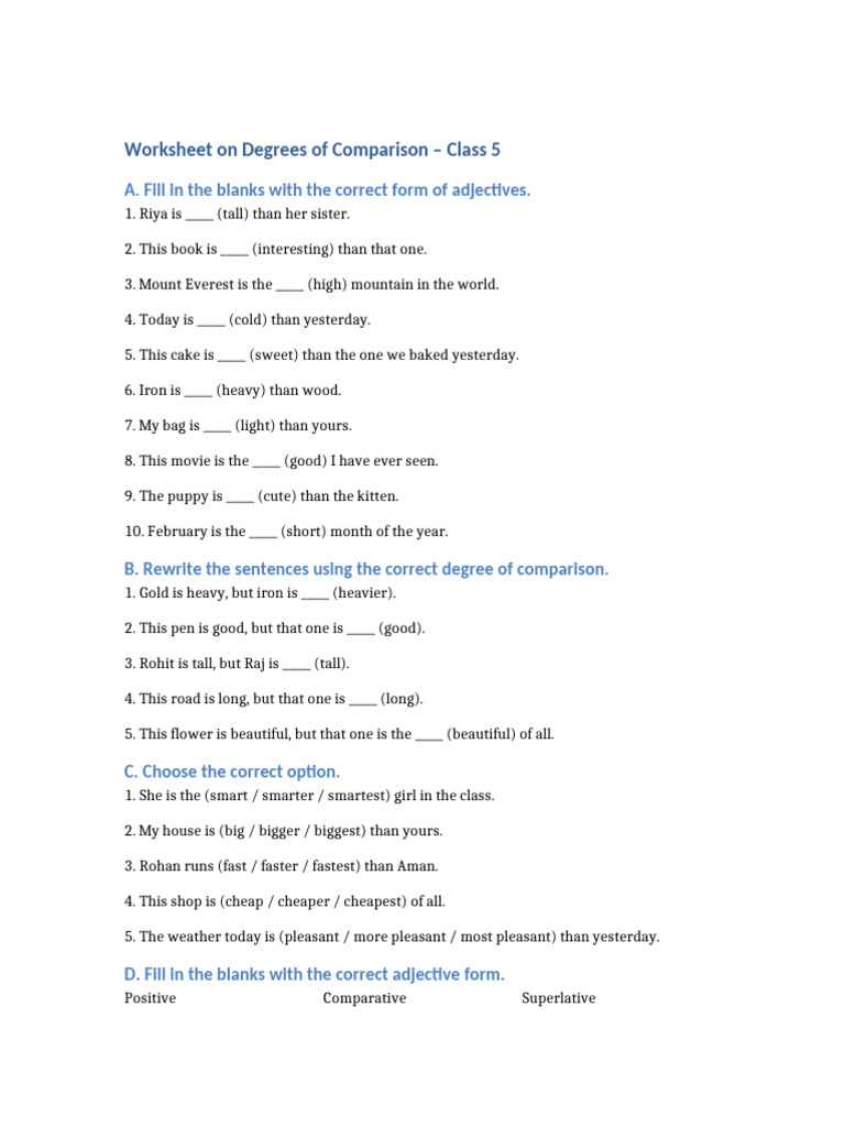 Degrees of Comparison Worksheet for Class 5 | PDF
