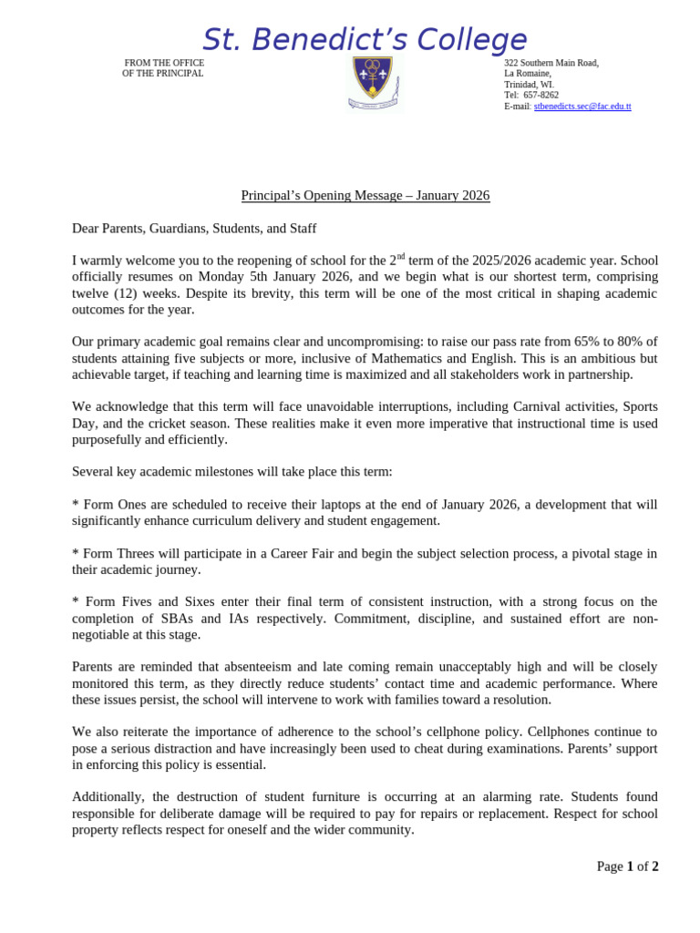 Principal's Message Jan 2026 | PDF