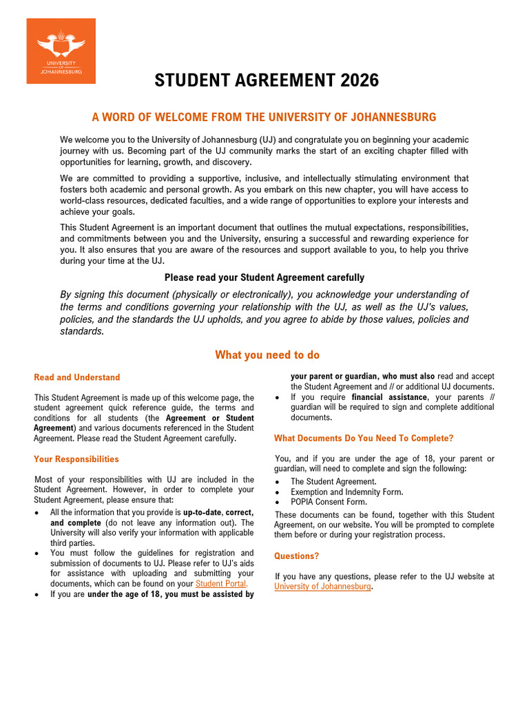 UJ Student Agreement 2026 Overview | PDF | Credit Score | Debt