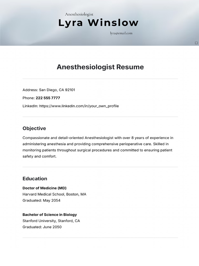 Anesthesiologist Resume Template | PDF