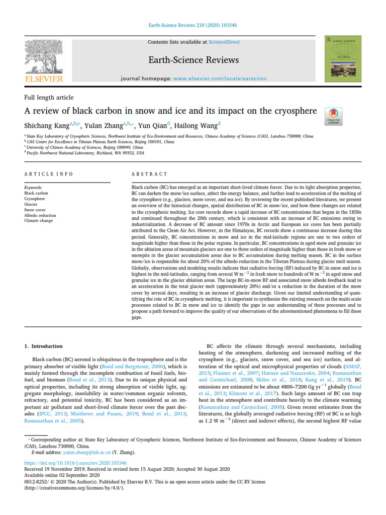A Review of Black Carbon in Snow and Ice and Its Impact 2020 Earth ...