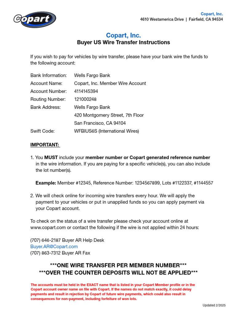 Copart Wire Transfer Payment Guide | PDF