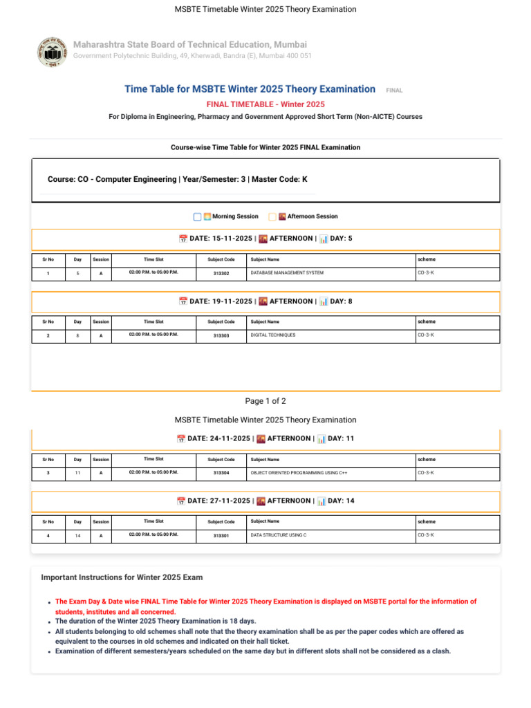 Time Table for Winter 2025 Theory Examination (1) | PDF | Career And ...