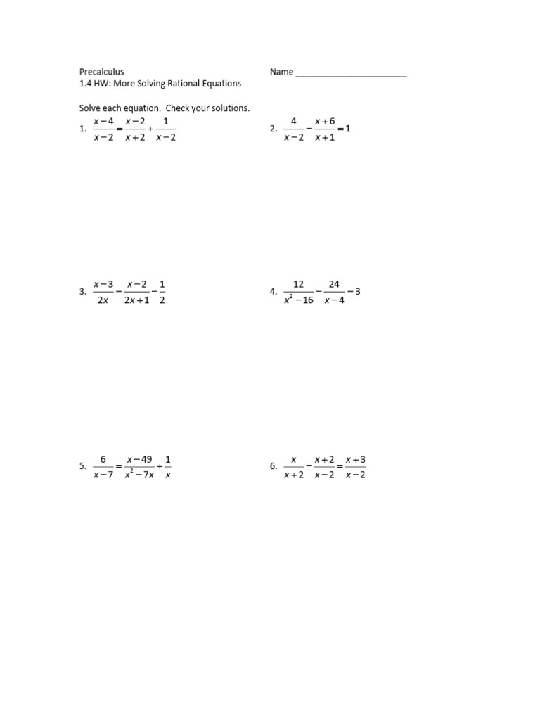 1.4 - Solving Rational Equations HW (Fall 2024) | PDF