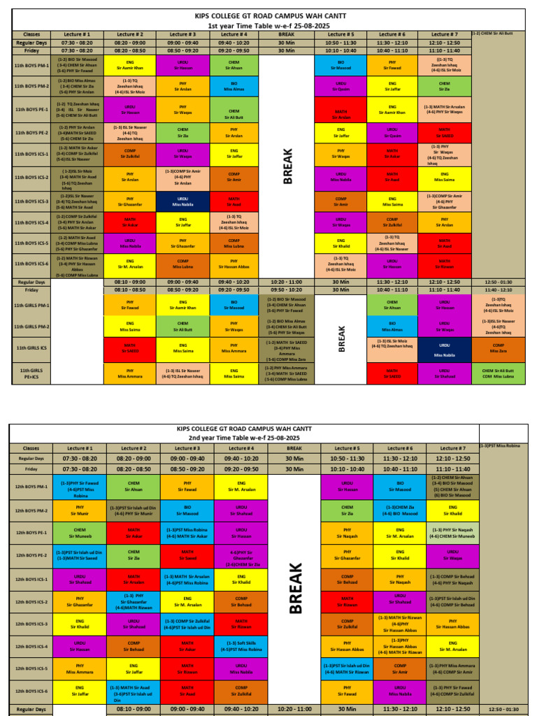 Time Table 1st & 2nd Year Time Table (G.T Road Campus) Updated 25-08-2025-1 | PDF
