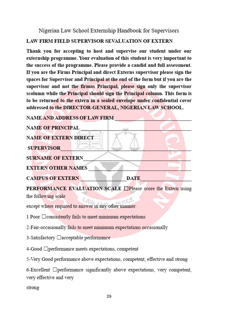 Nigerian Law School Externship Evaluation Form | PDF